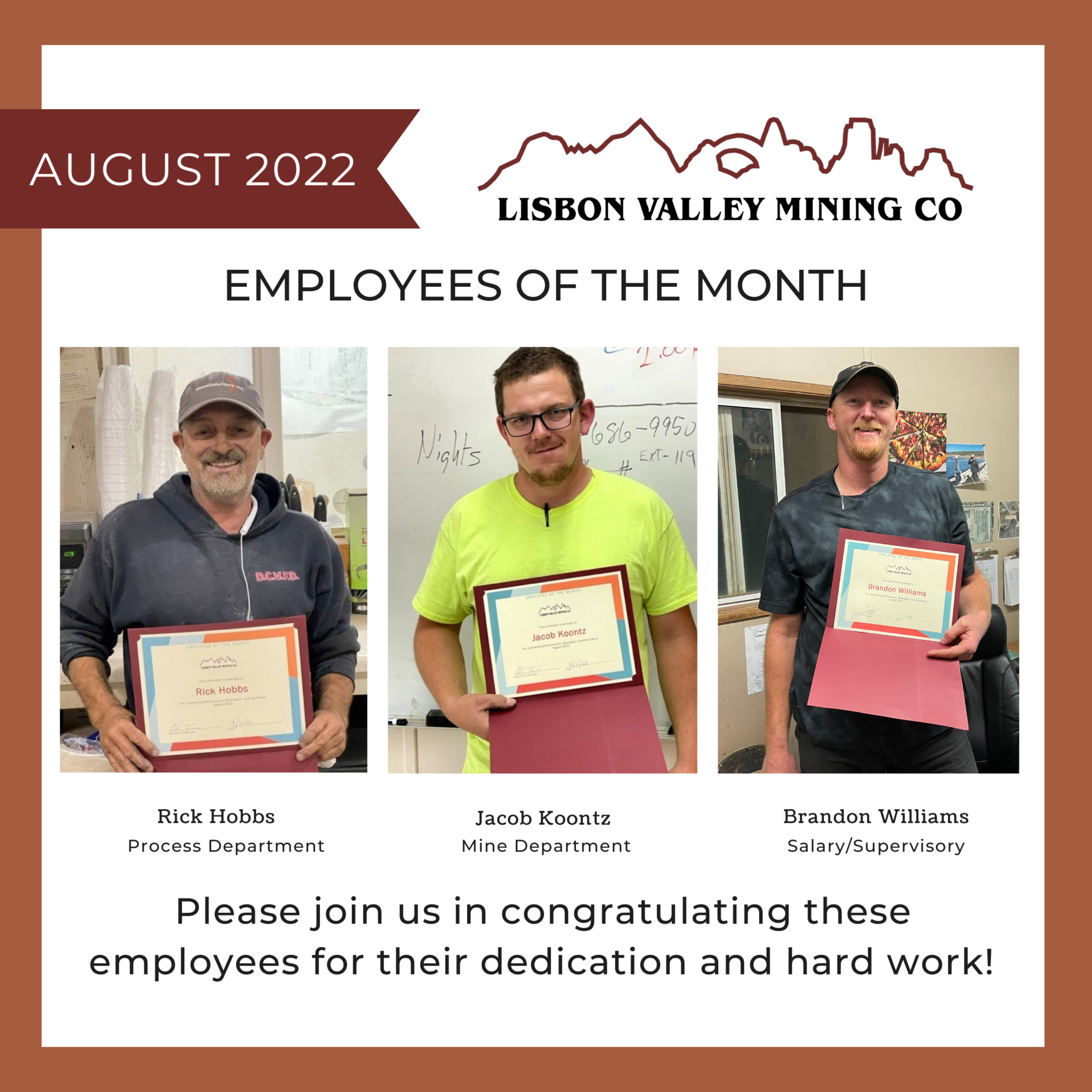 August Employees of the Month | Lisbon Valley Mining Company