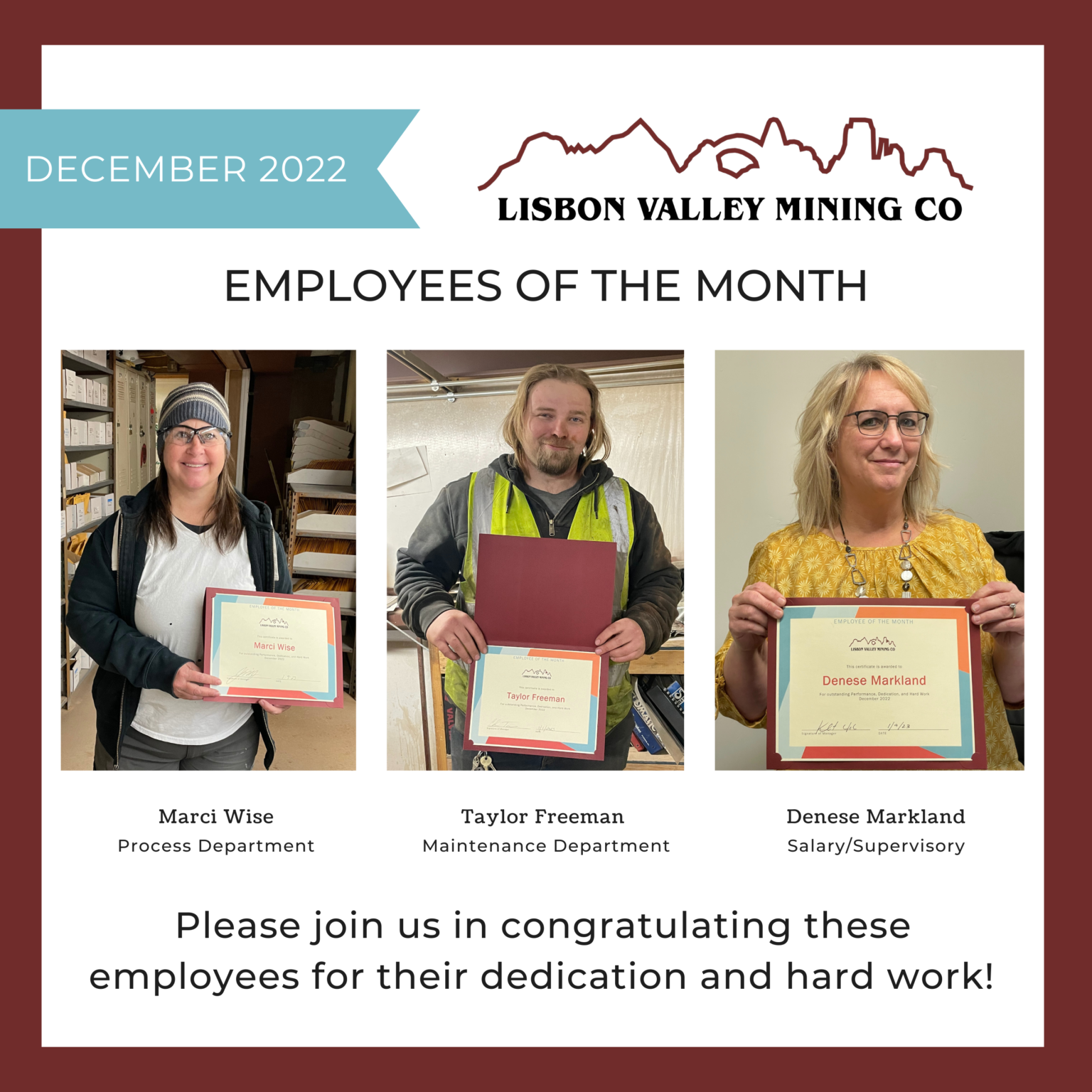 December Employees of the Month | Lisbon Valley Mining Company
